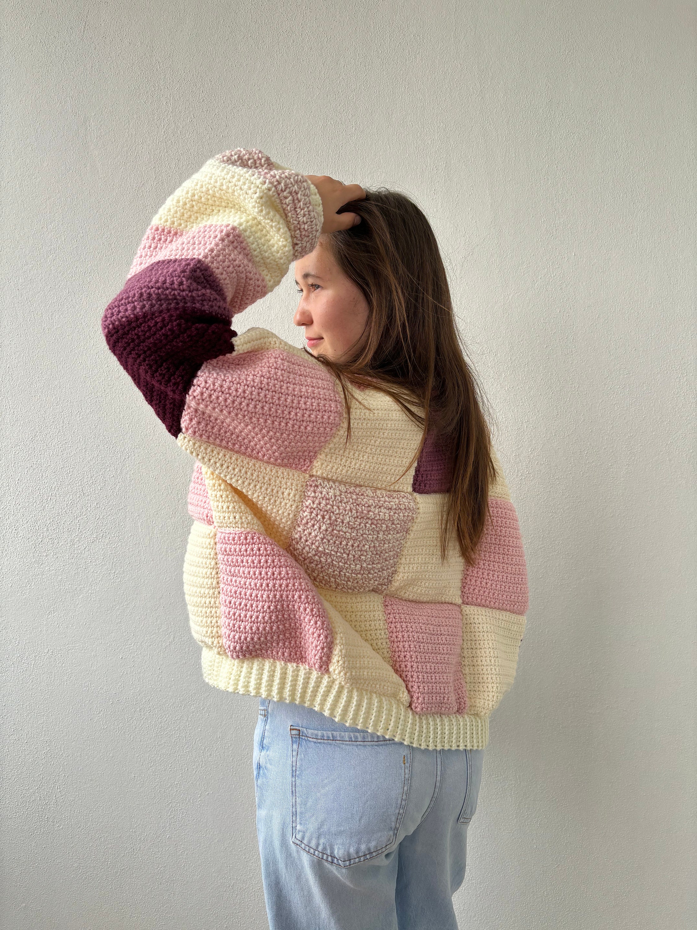 Crochet Pink Cardigan Handknit Patchwork - Etsy