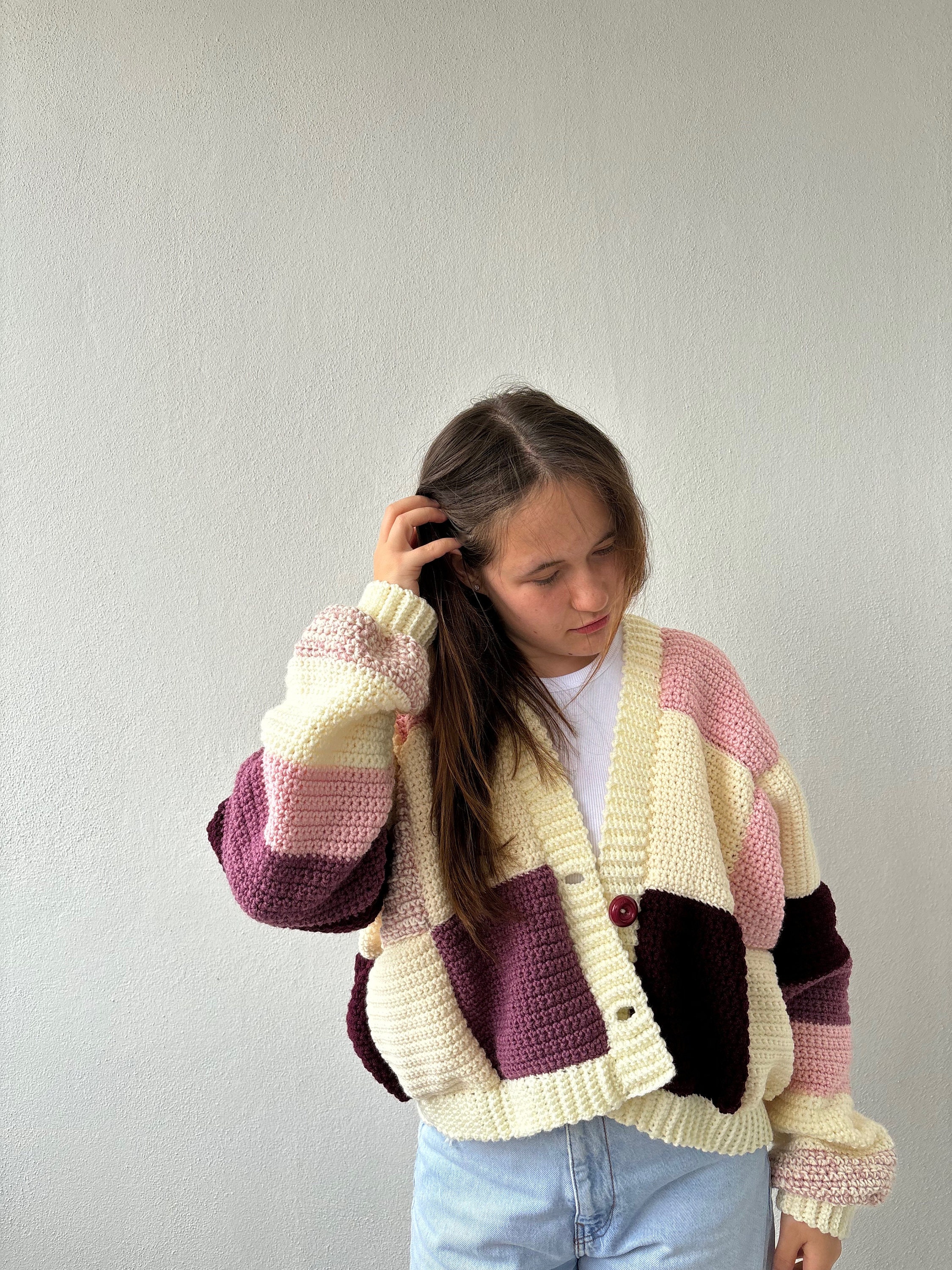 Crochet Pink Cardigan Handknit Patchwork - Etsy