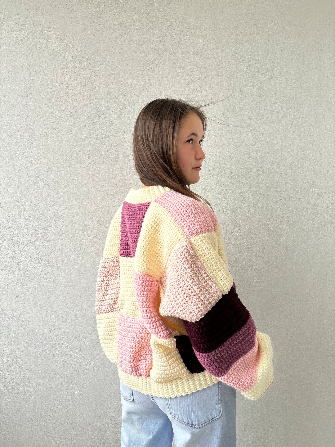 Crochet Pink Cardigan Handknit Patchwork - Etsy