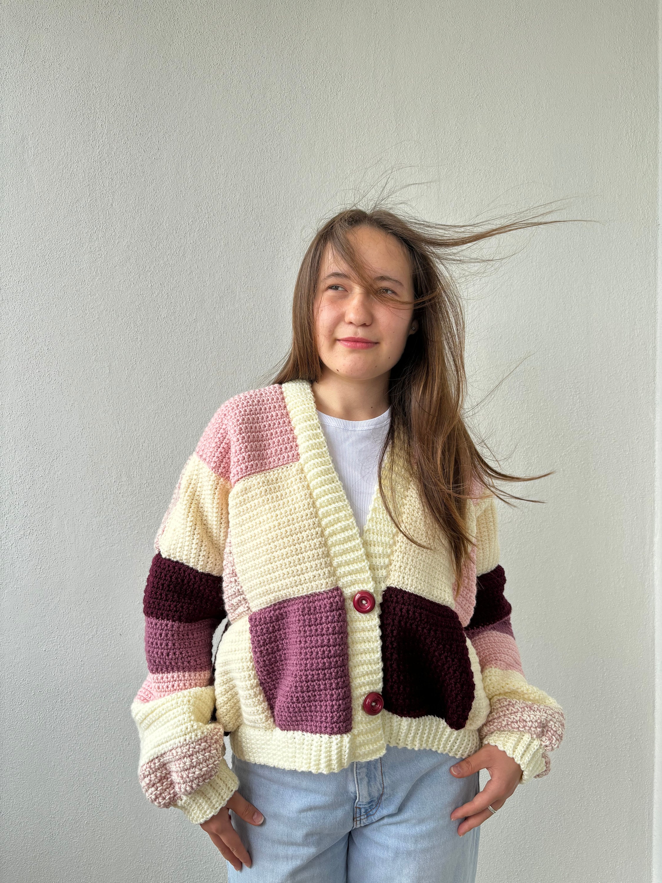 Crochet Pink Cardigan Handknit Patchwork - Etsy