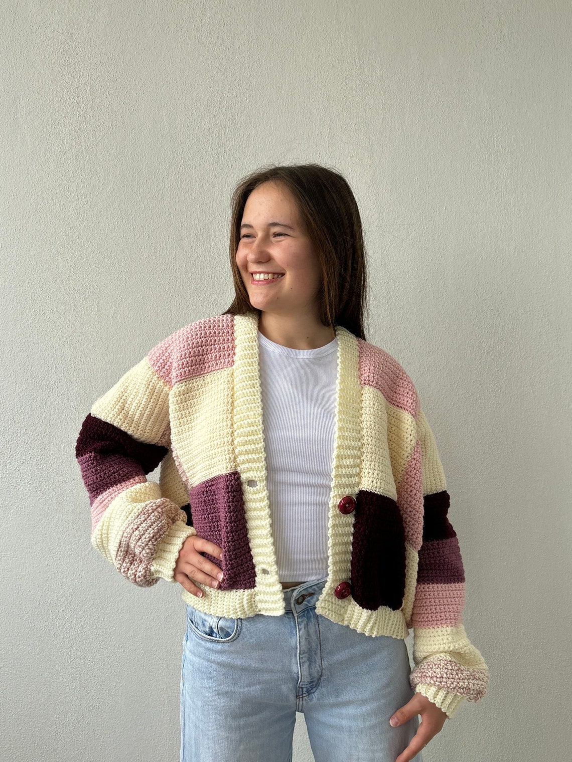 Crochet Pink Cardigan Handknit Patchwork - Etsy