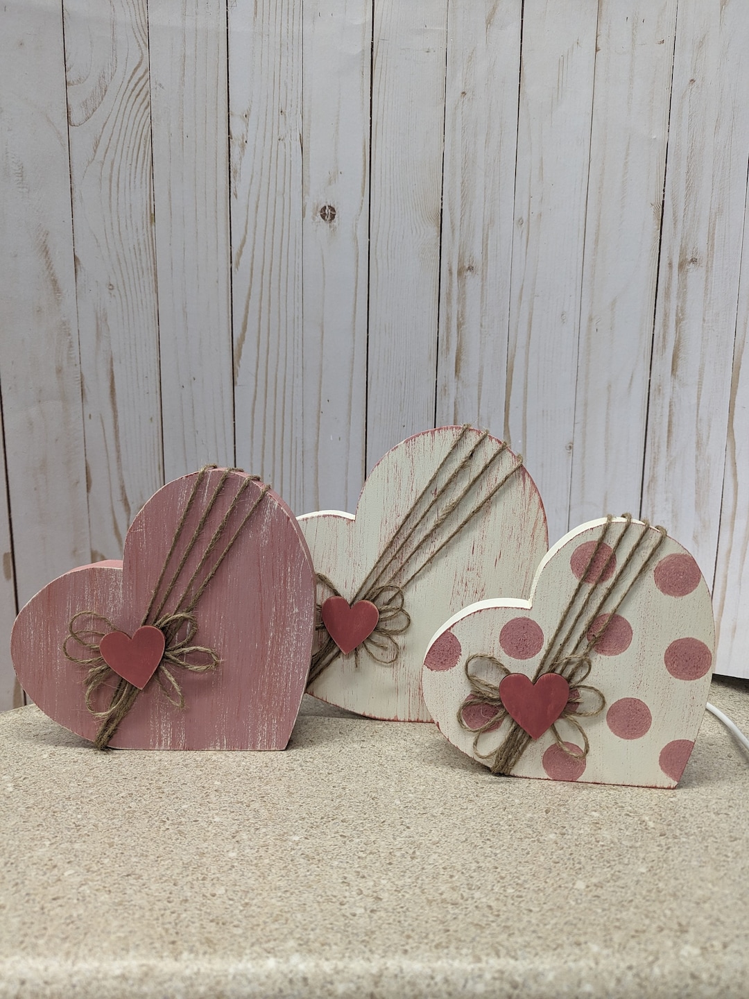 Hand-painted Rustic Heart Decor Trio: Shelf Sitter Wooden Hearts With ...