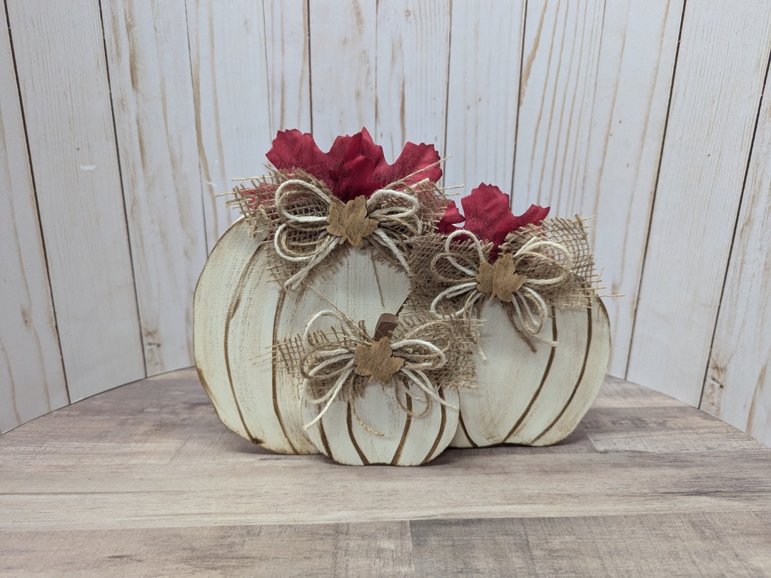 Rustic White Wooden Pumpkin Trio With Fall Accents | Two Piece ...