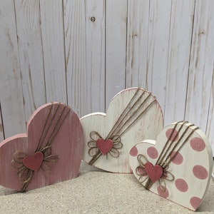 Hand-painted Rustic Heart Decor Trio: Shelf Sitter Wooden Hearts With ...