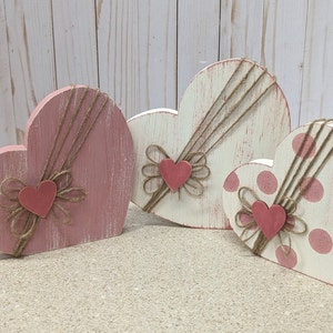 Hand-painted Rustic Heart Decor Trio: Shelf Sitter Wooden Hearts With ...