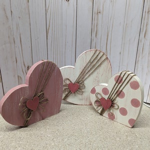 Hand-painted Rustic Heart Decor Trio: Shelf Sitter Wooden Hearts With ...