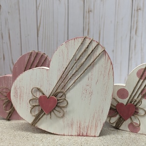 Hand-painted Rustic Heart Decor Trio: Shelf Sitter Wooden Hearts With ...