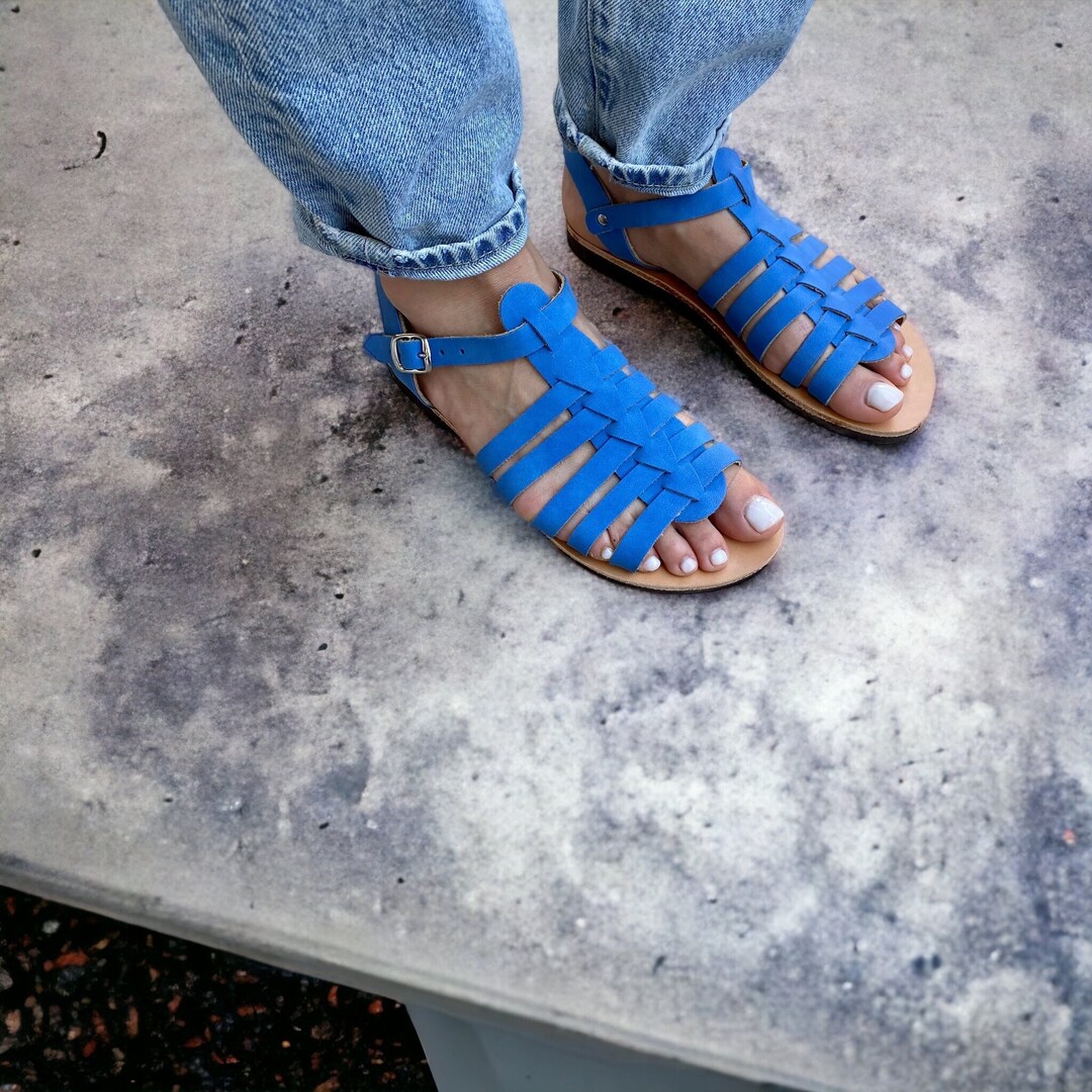 Greek Sandals for Women, Blue Suede Leather Sandals, Ancient Sandals ...