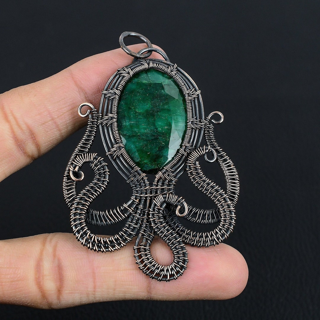 Octopus Emerald Pendant Emerald Gemstone Pendant Copper Wire Wrapped ...