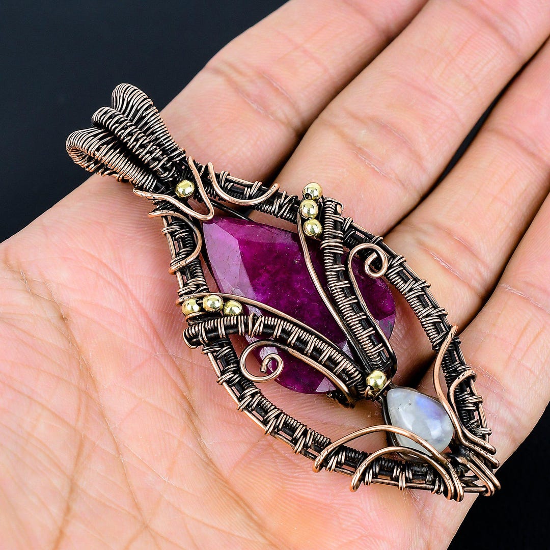 Beautiful Ruby Pendant , Ruby With Rainbow Moonstone Copper Wire ...