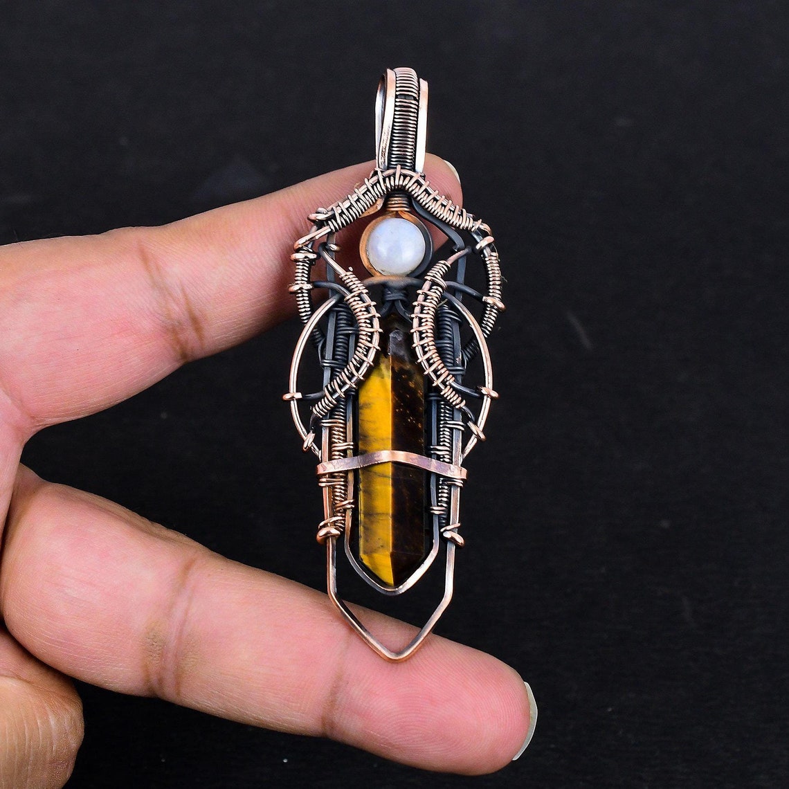 Tiger's Eye Natural Healing Crystal Pendant, Solid Copper Wire Wrapped ...