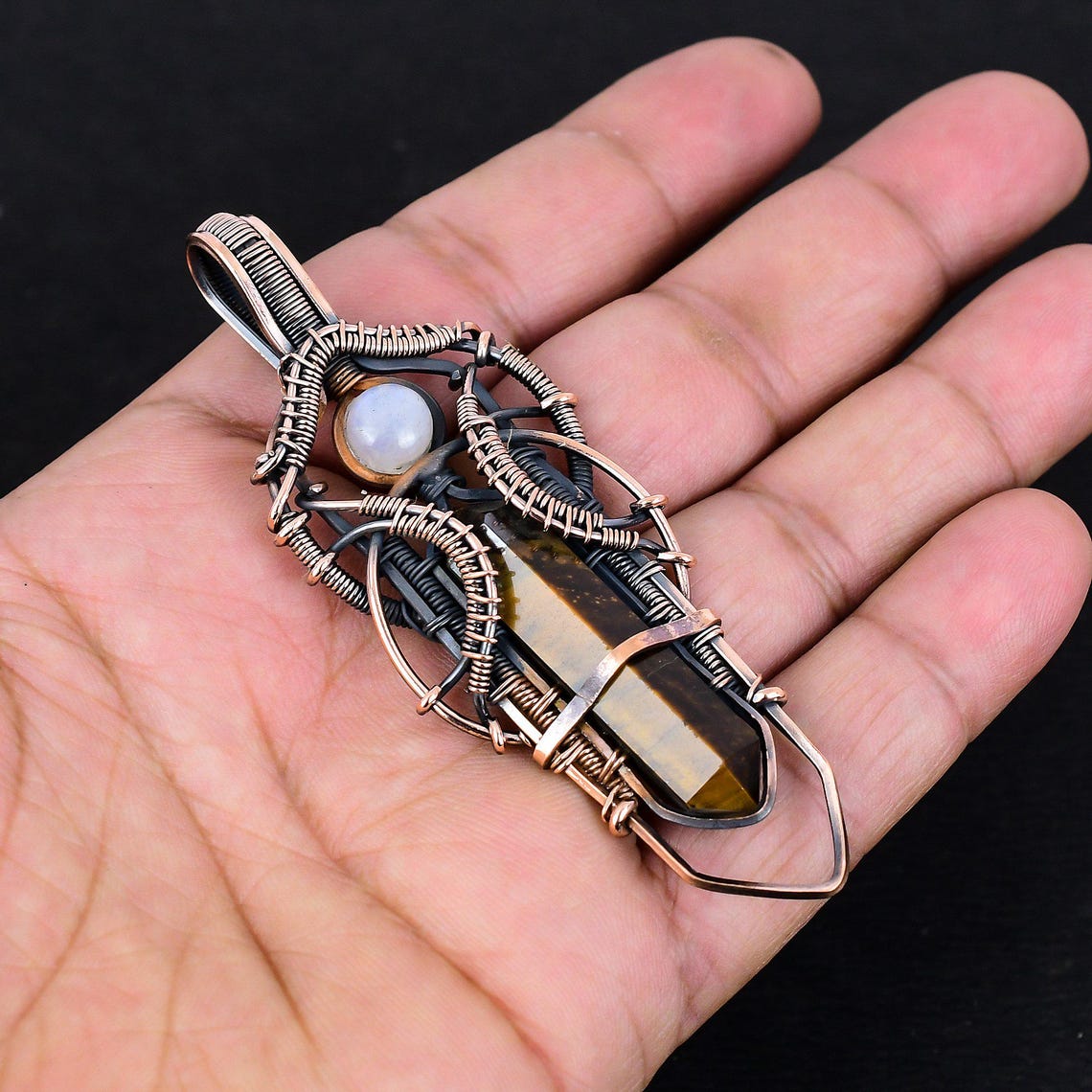 Tiger's Eye Natural Healing Crystal Pendant, Solid Copper Wire Wrapped ...