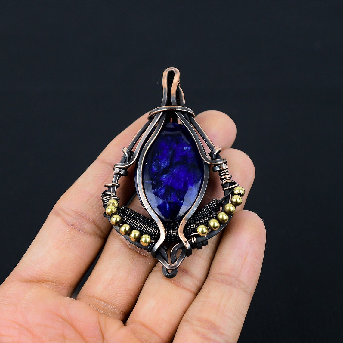 Blue Sapphire Pendant, Copper Wire Wrapped Pendant, Sapphire Gemstone ...