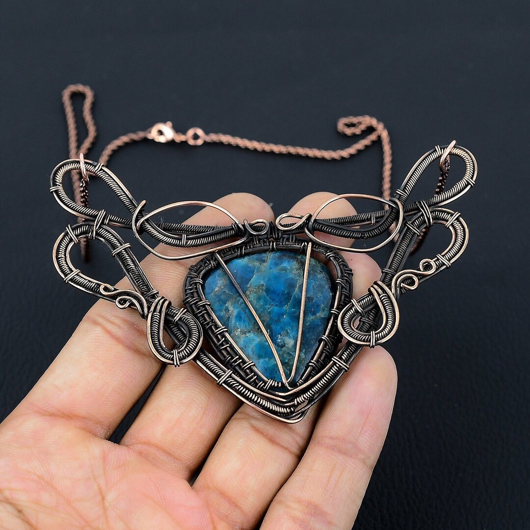 Neon Apatite Necklace Copper Wire Wrapped Pendant Neon Blue Apatite ...