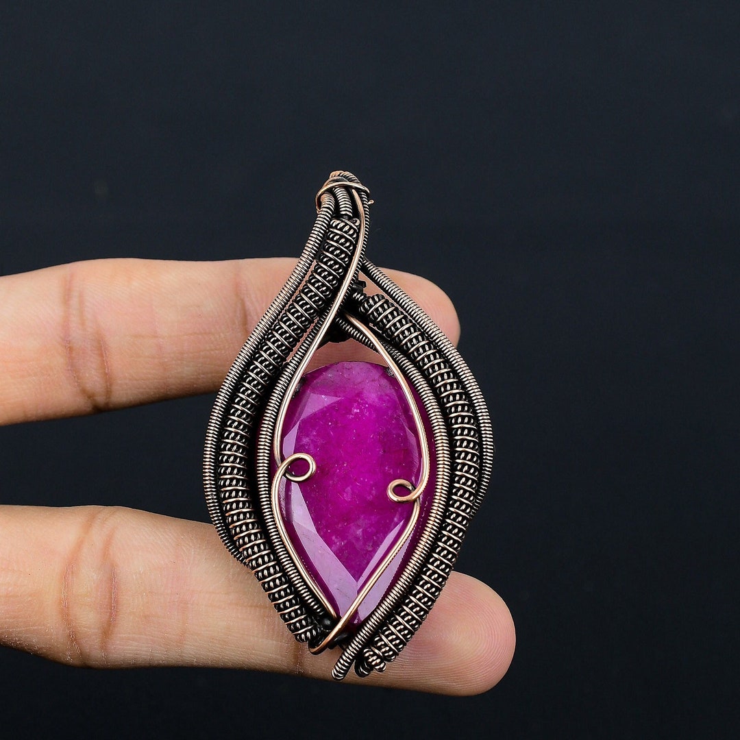 Kashmir Red Ruby Pendant Copper Wire Wrapped Gemstone Pendant Copper ...