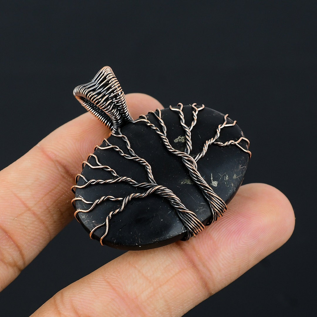 Natural Shungite Double Tree of Life Pendant Copper Wire Wrapped ...