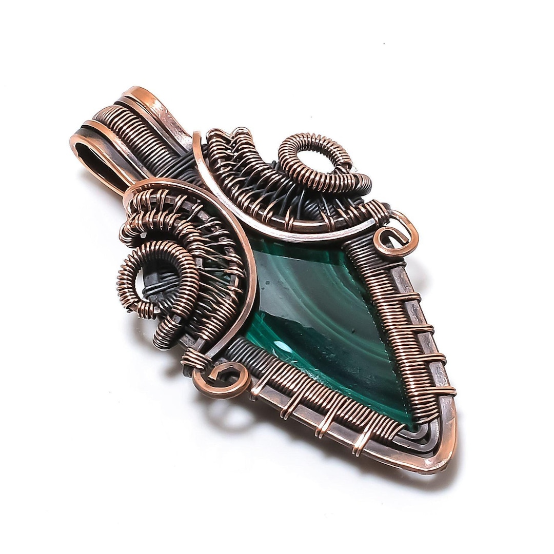 Malachite Gemstone, Natural AAA Quality Malachite Pendant, Copper Wire ...