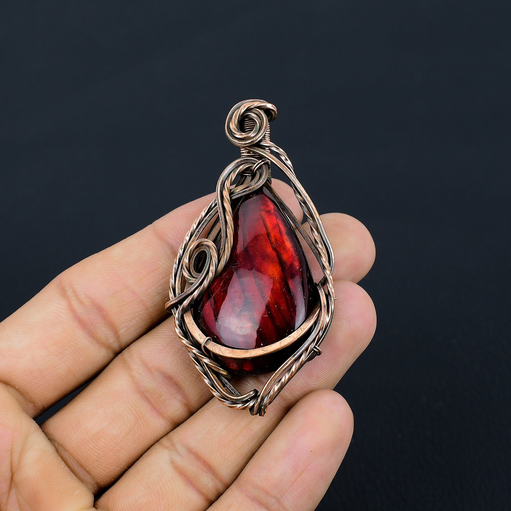 Red Flash Labradorite Gemstone Pendant Copper Wire Wrapped Pendant ...