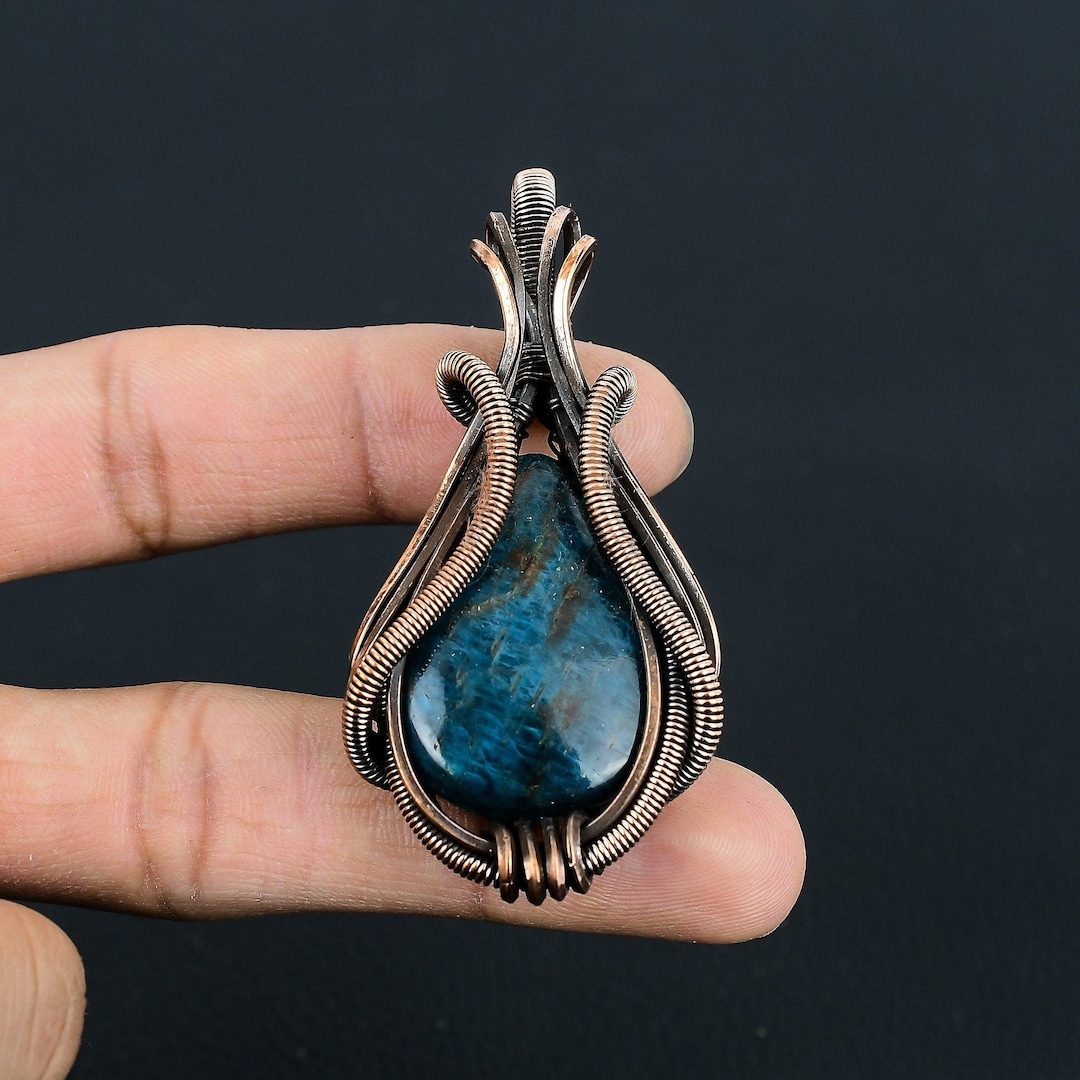 Neon Blue Apatite Pendant Copper Wire Wrapped Pendant Apatite Gemstone ...