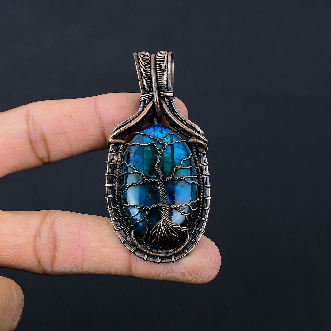 Blue Flash Labradorite Gemstone Tree of Life Pendant Copper Wire ...