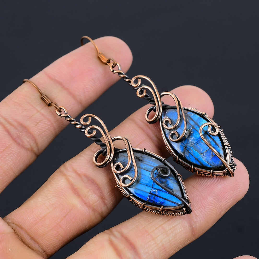 Labradorite Earrings Copper Gemstone Earrings Copper Wire Wrapped