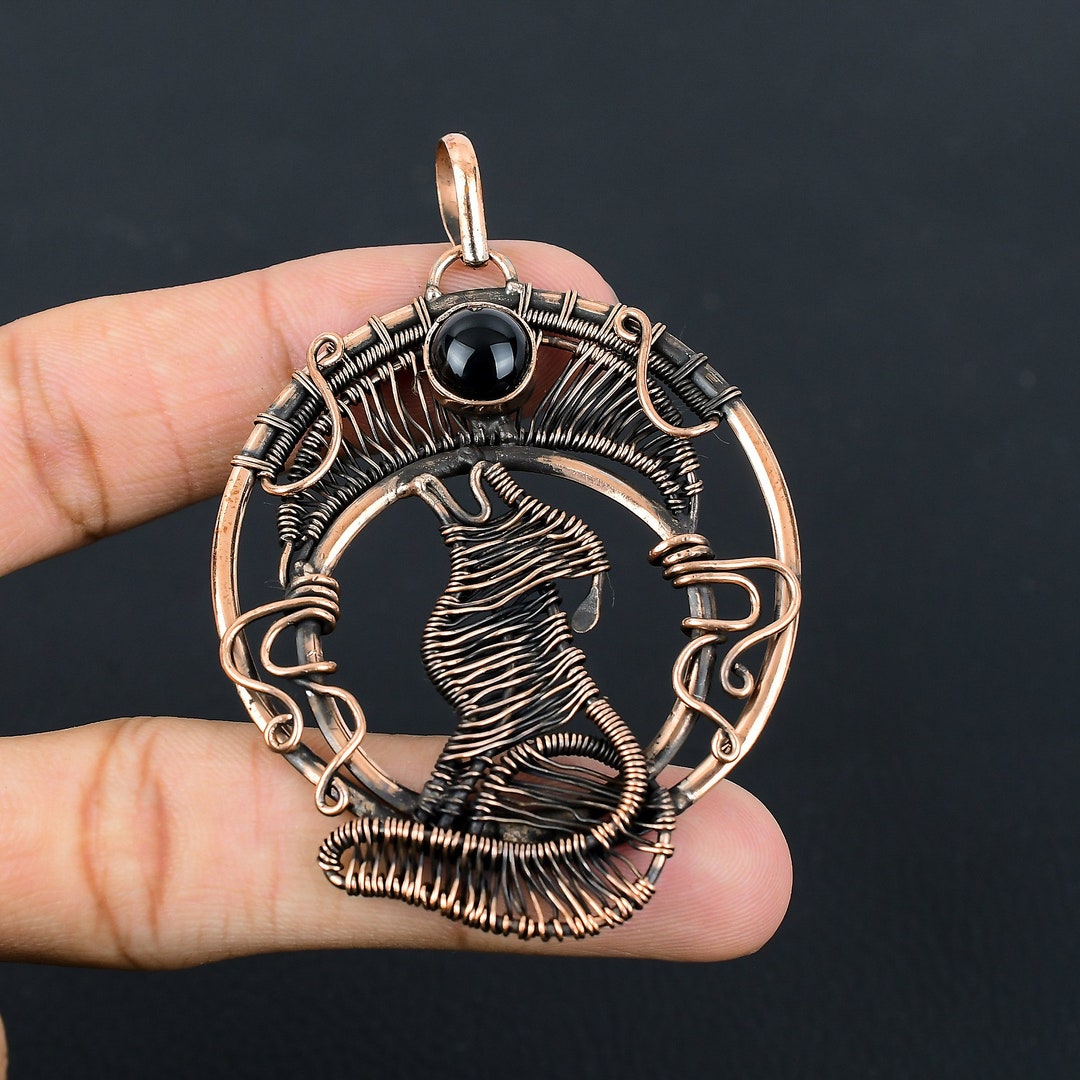 Howling Wolf Pendant Black Onyx Pendant Copper Wire Wrapped Pendant ...