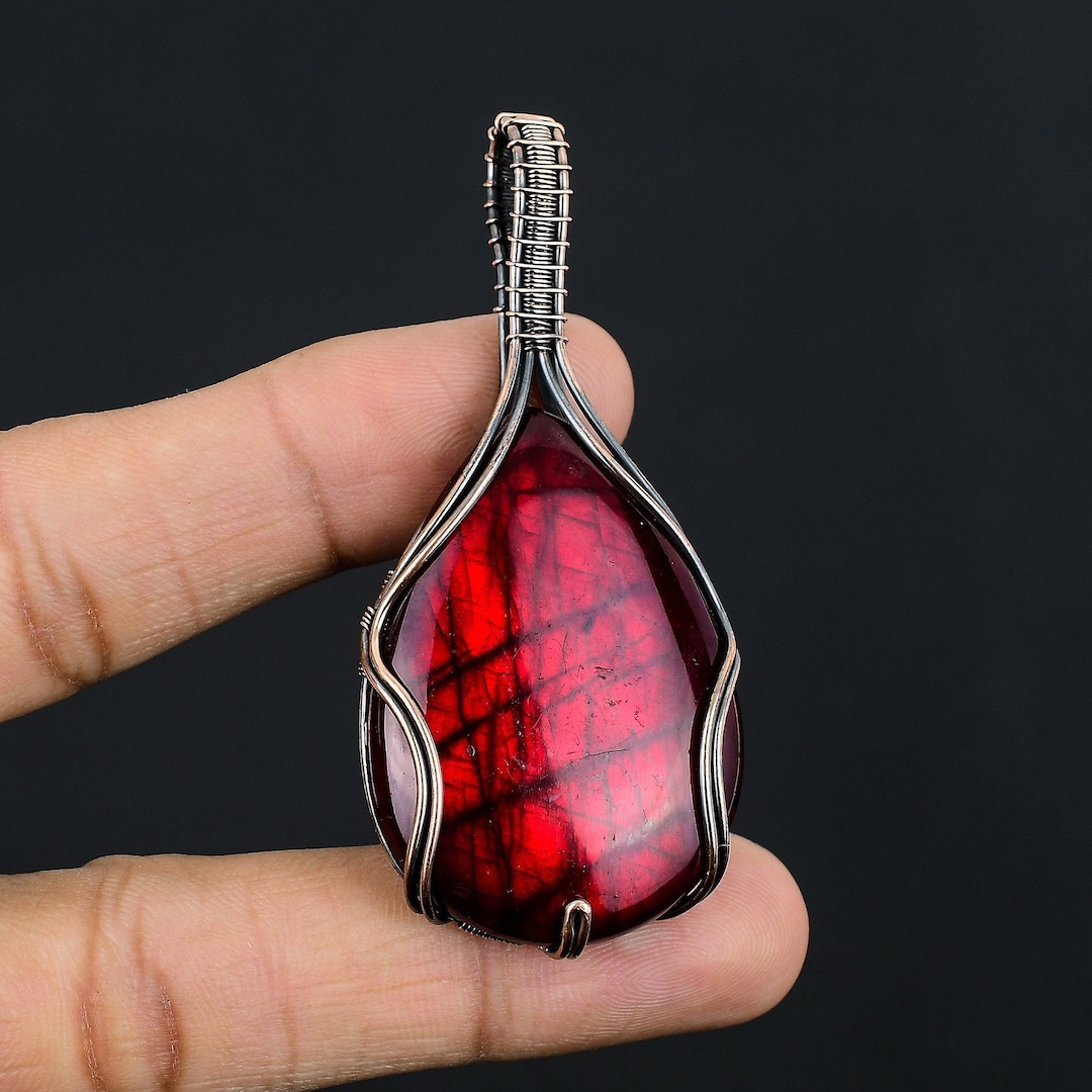 Red Flash Labradorite Gemstone Pendant Copper Wire Wrapped Pendant ...