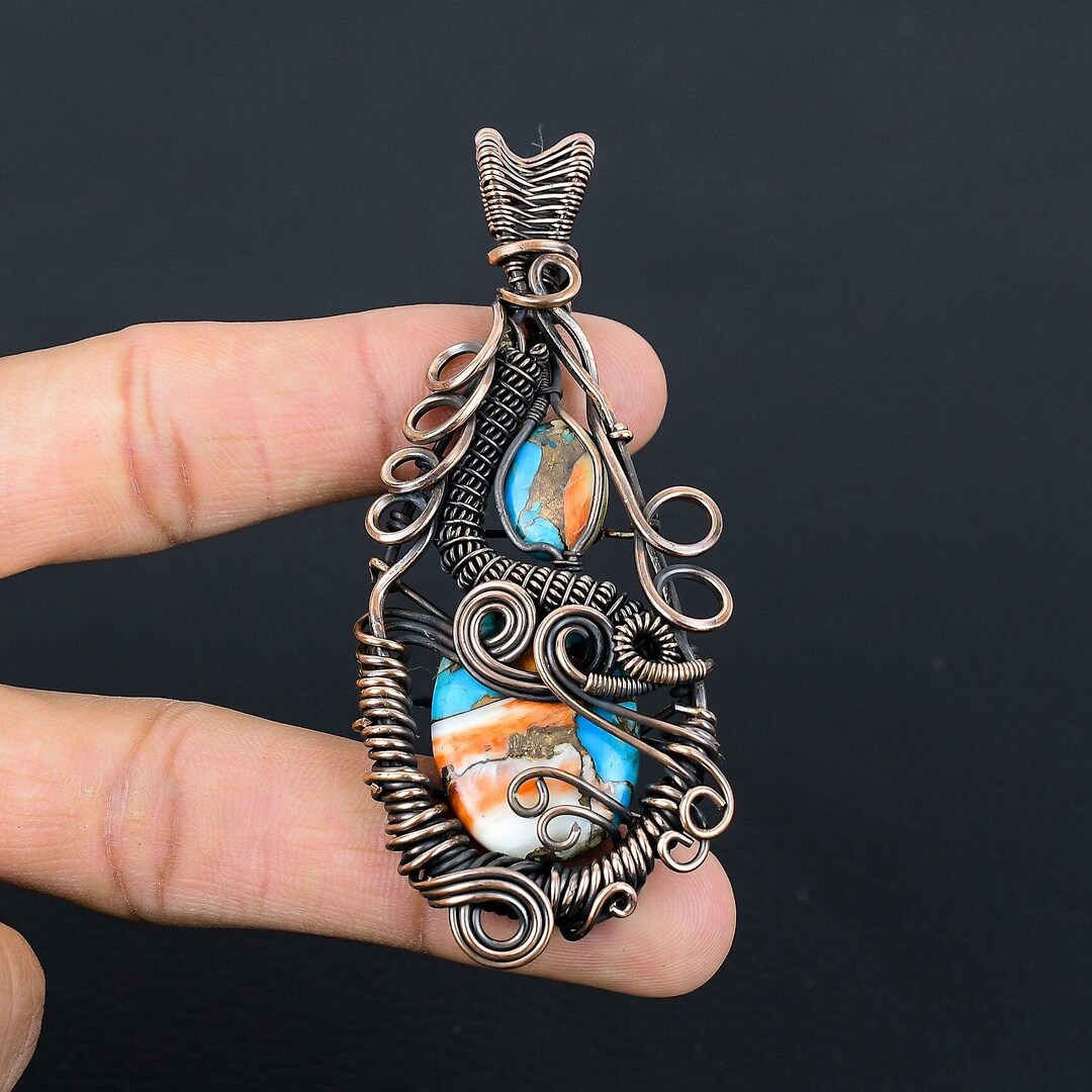 Spiny Oyster Turquoise Pendant, Copper Wire Wrapped Pendant Oxidize ...