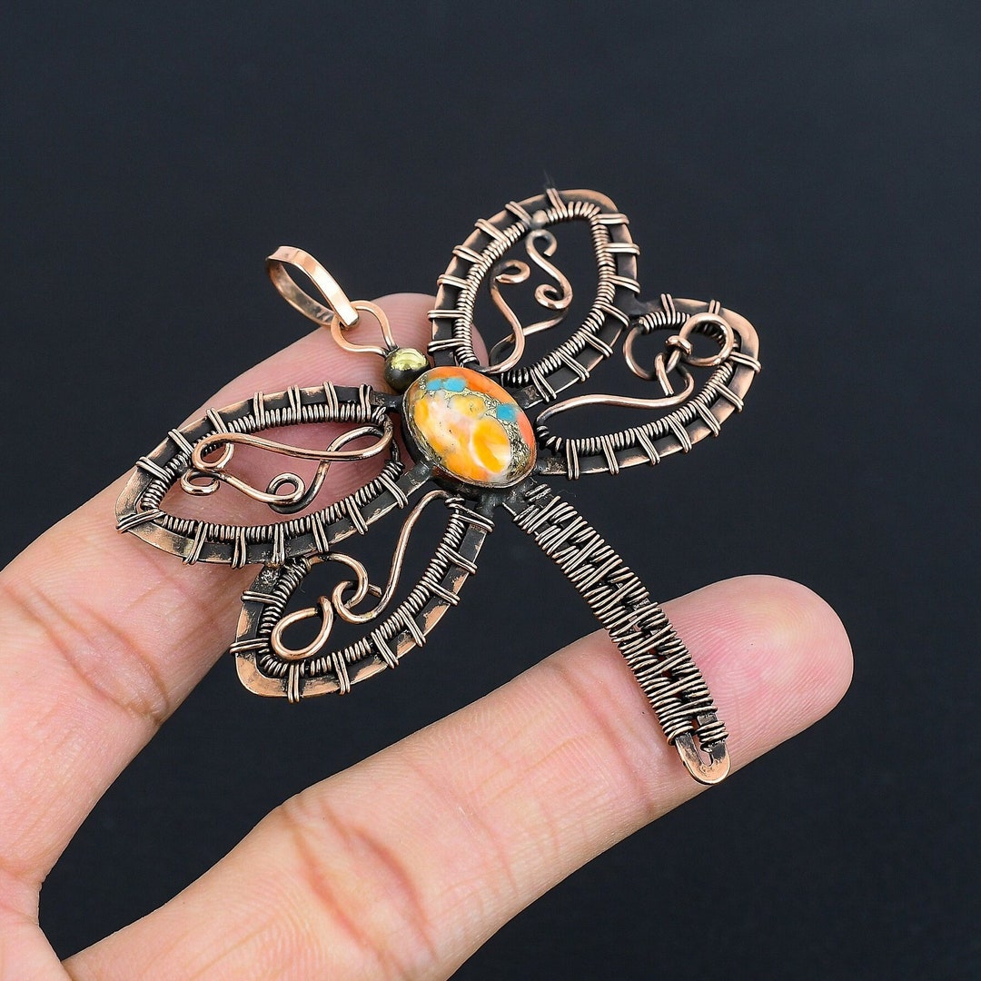 Spiny Oyster Turquoise Dragonfly Pendant, Copper Wire Wrap Pendant ...