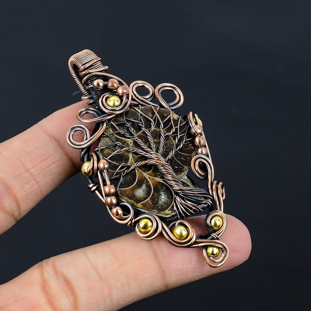 Ammonite Fossil Pendant, Tree of Life Copper Wire Wrapped Pendant ...