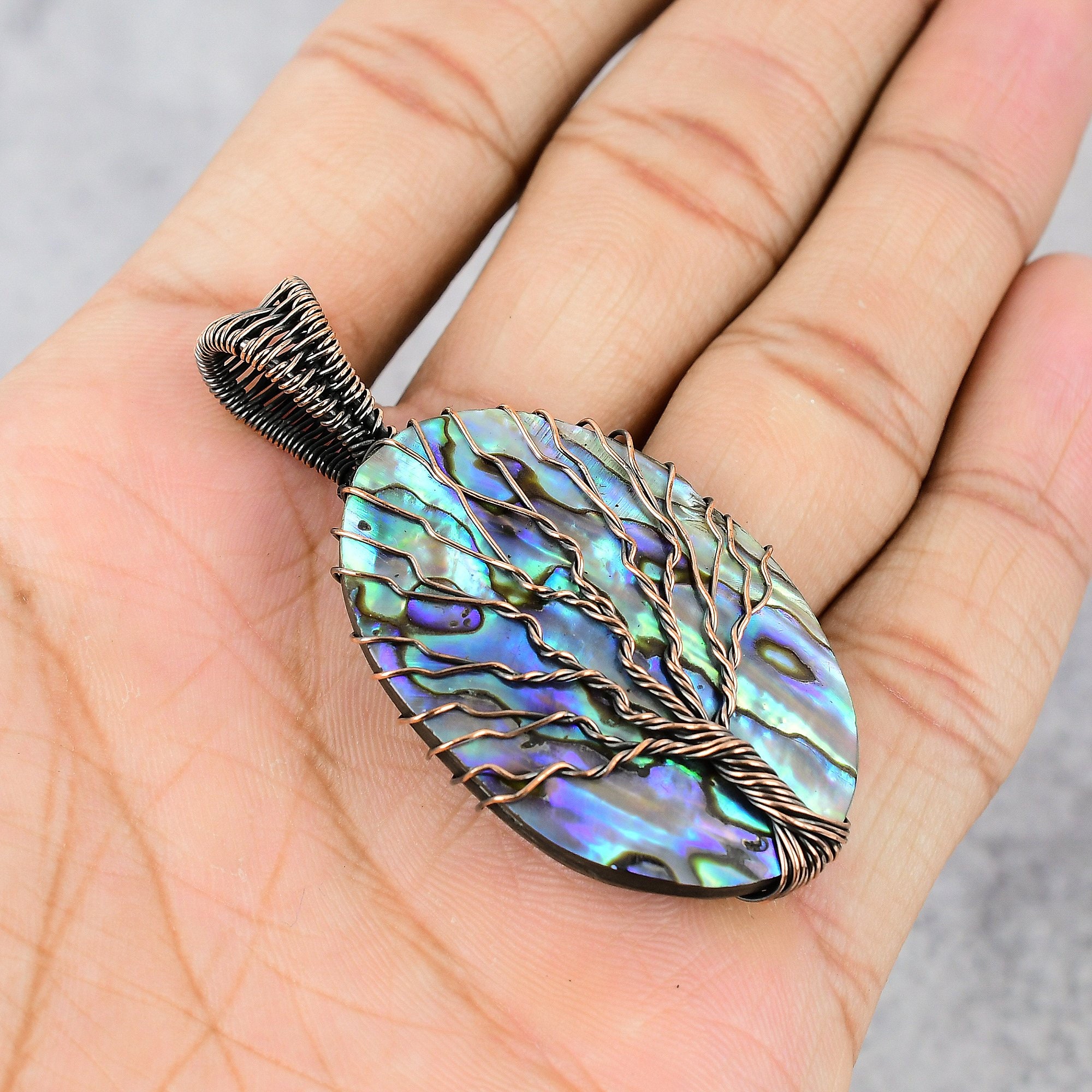 Tree of Life Abalone Shell Pendant Copper Wire Wrapped - Etsy