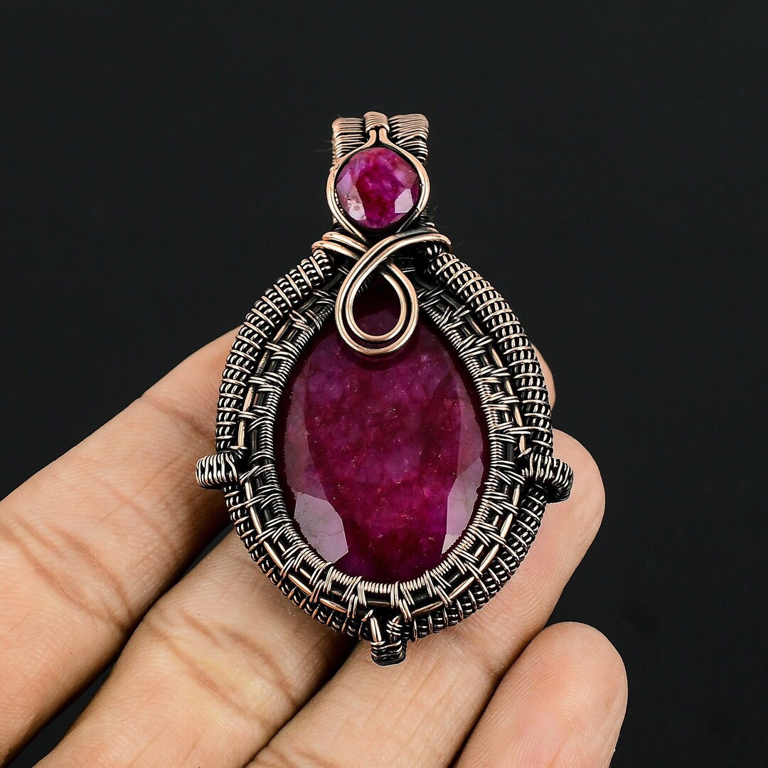 Kashmir Red Ruby Pendant Copper Wire Wrapped Gemstone Pendant Copper ...