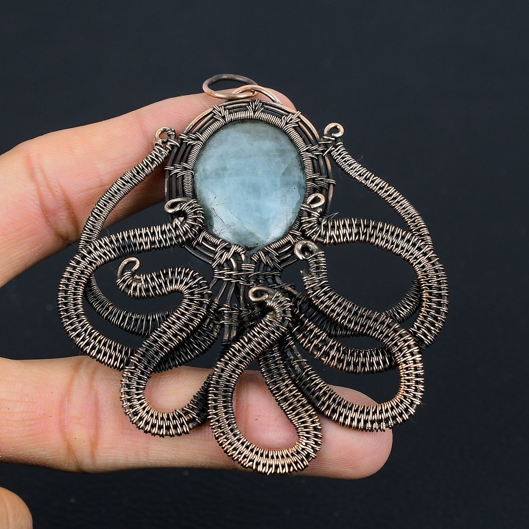 Octopus Aquamarine Natural Gemstone Pendant Copper Wire Wrapped Pendant ...