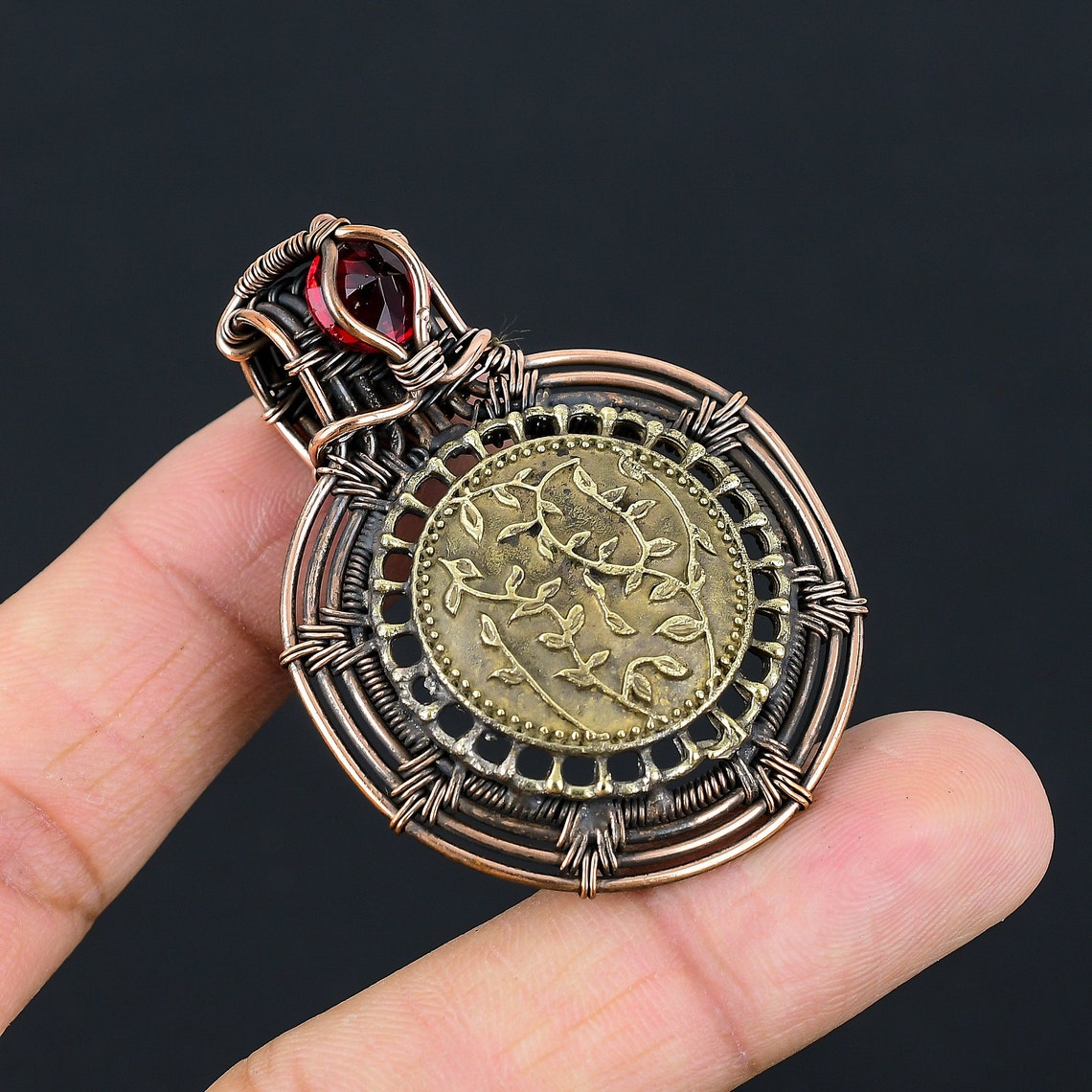 Unique Coin Leaf Pattern Two Tone Copper Wire Wrapped Pendant Gift for ...