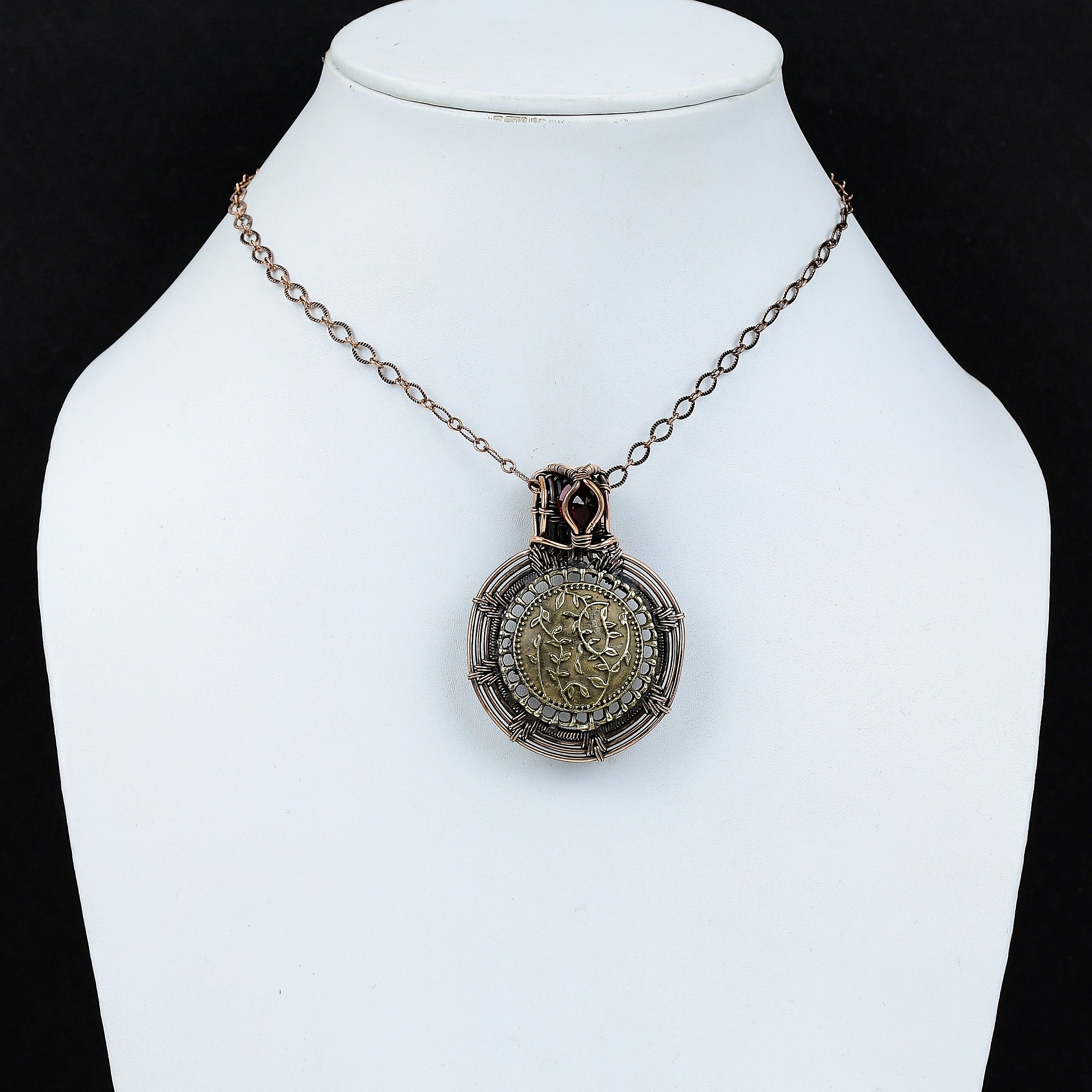 Unique Coin Leaf Pattern Two Tone Copper Wire Wrapped Pendant Gift for ...