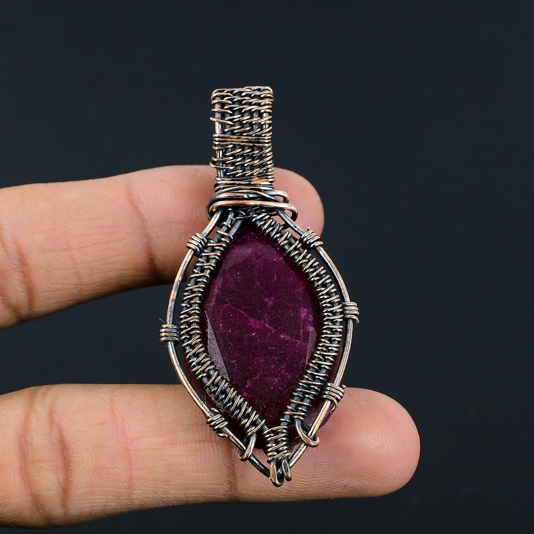 Kashmir Red Ruby Pendant Copper Wire Wrapped Gemstone Pendant Copper ...