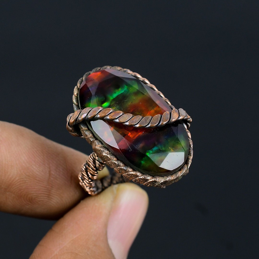 Ammolite Ring Copper Wire Wrapped Ring Copper Ring Ammolite Gemstone ...