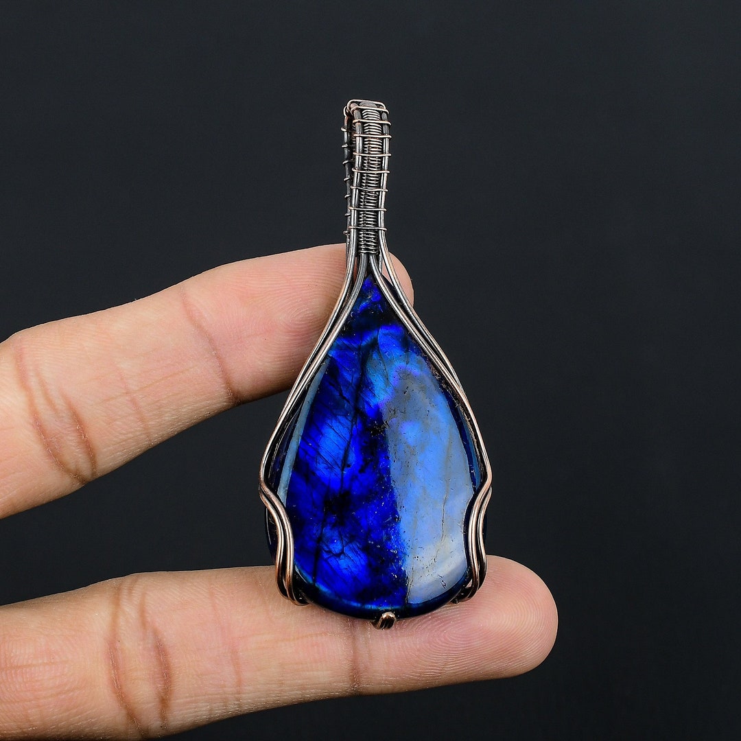 Blue Flash Labradorite Gemstone Pendant Copper Wire Wrapped Pendant ...