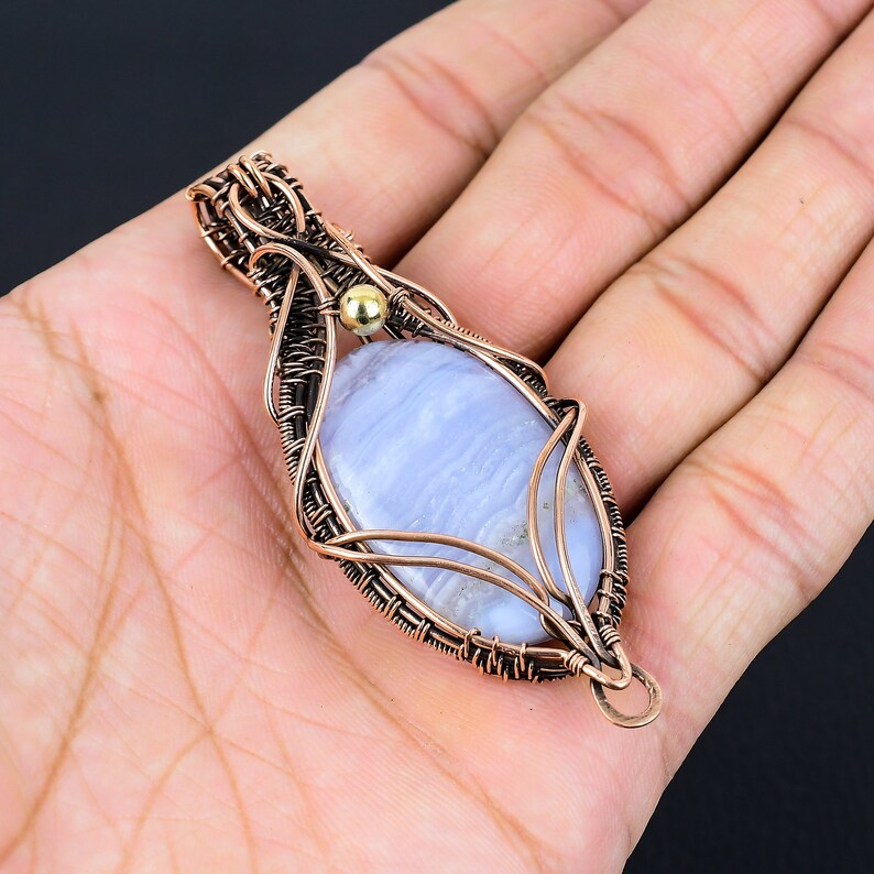 Blue Lace Agate Pendant, Pure Copper Wire Wrapped Pendant, Natural Lace ...