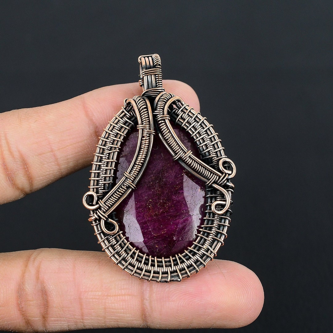Kashmir Red Ruby Pendant Copper Wire Wrapped Gemstone Pendant Copper ...