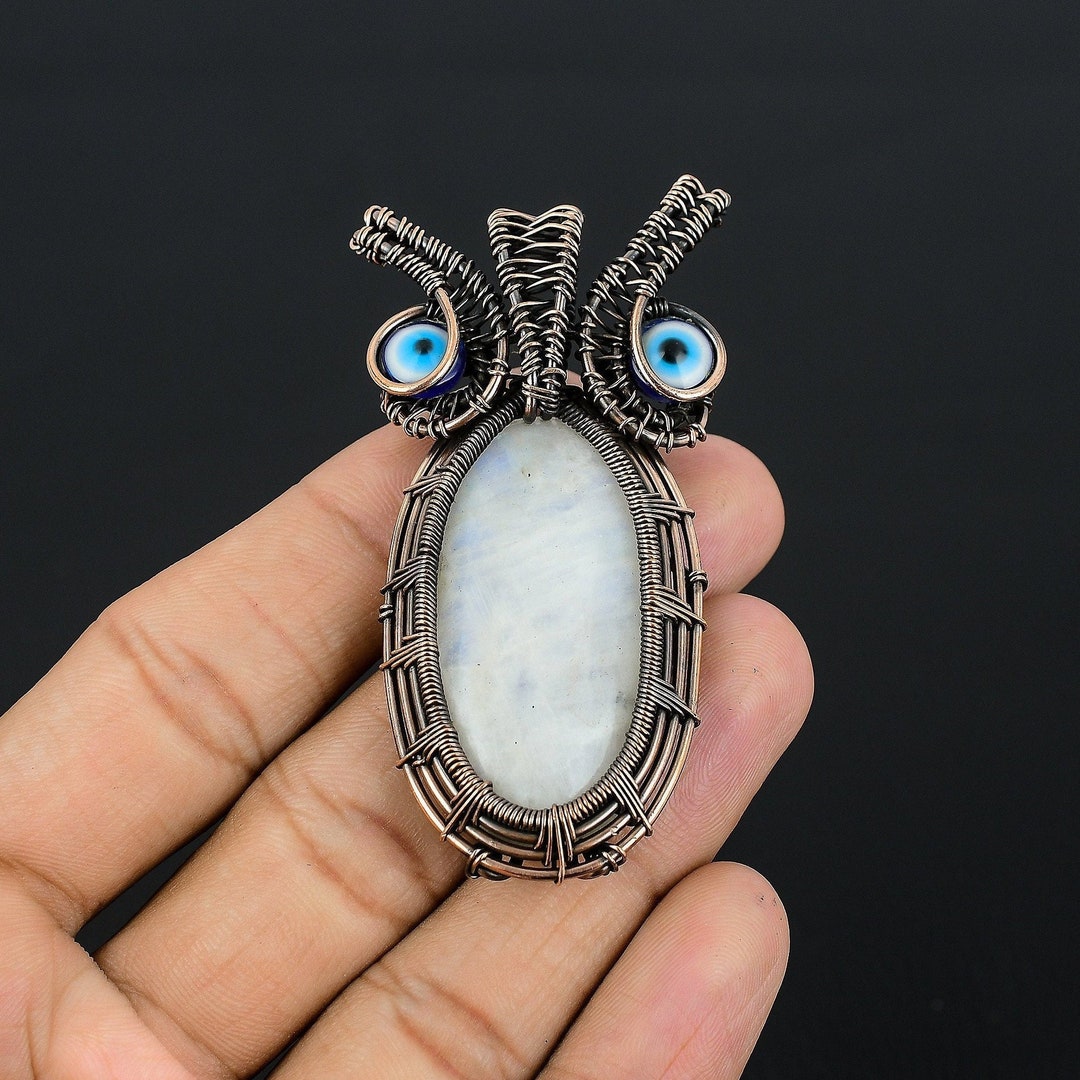Moonstone OWL Pendant Blue Color Evil Eye Pendant Copper Wire Wrapped ...
