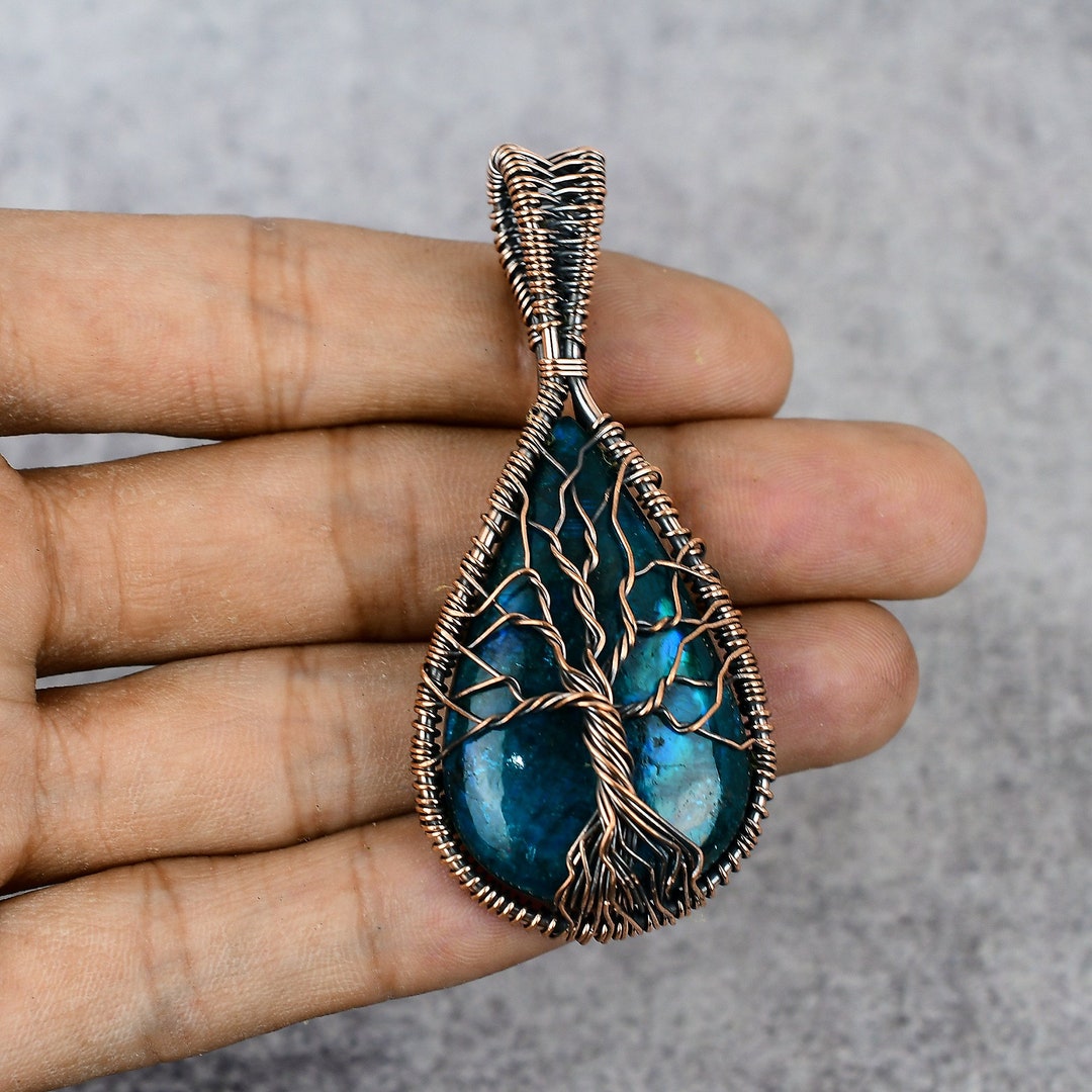 Tree of Life Blue Flash Labradorite Gemstone Pendant Copper Wire ...