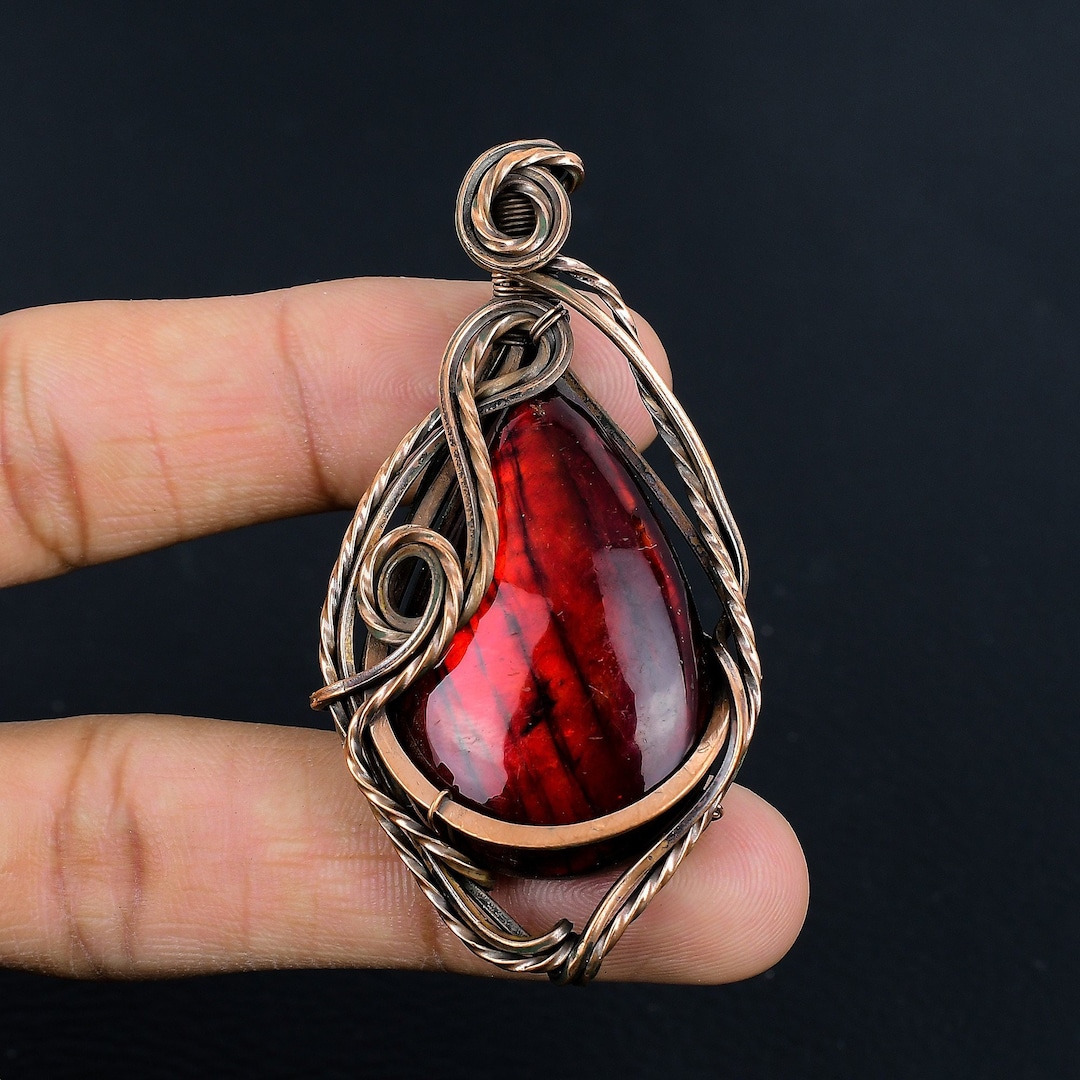Red Flash Labradorite Gemstone Pendant Copper Wire Wrapped Pendant ...