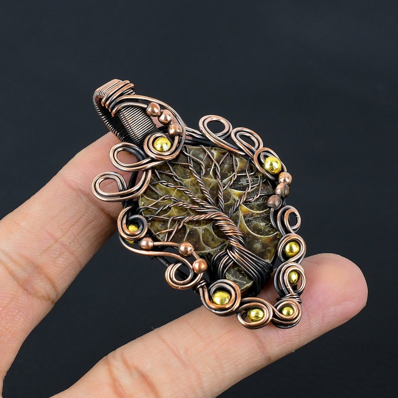 Big Ammonite Fossil Pendant, Tree of Life Copper Wire Wrap Pendant ...