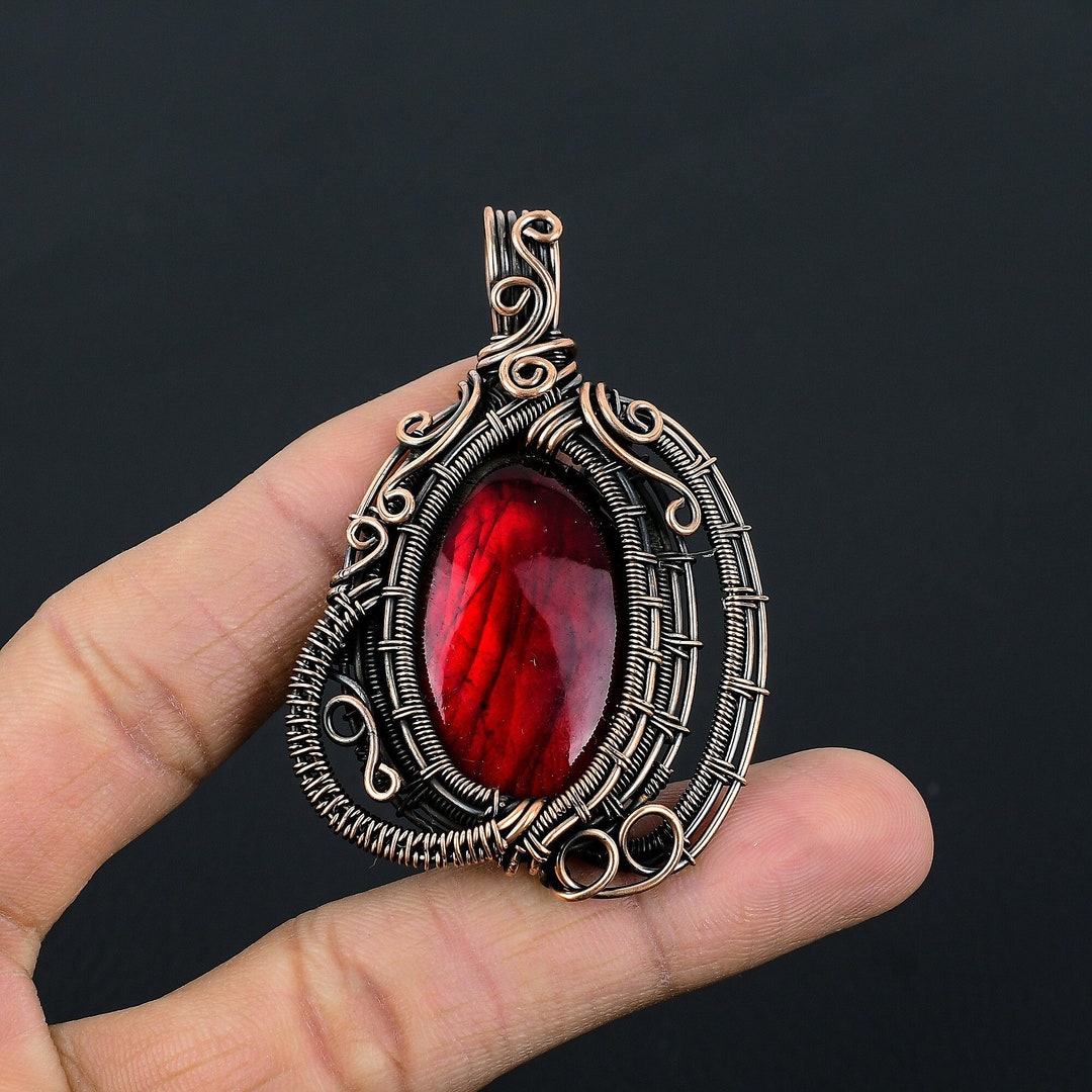 Red Flash Labradorite Gemstone Pendant Copper Wire Wrapped Pendant ...