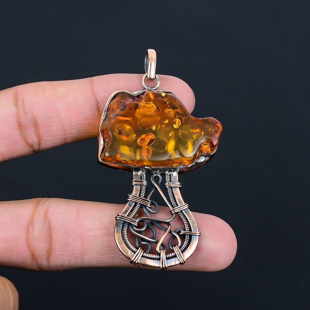 Beautiful Amber Pendant Copper Wire Wrapped Pendant Oxidized Copper ...