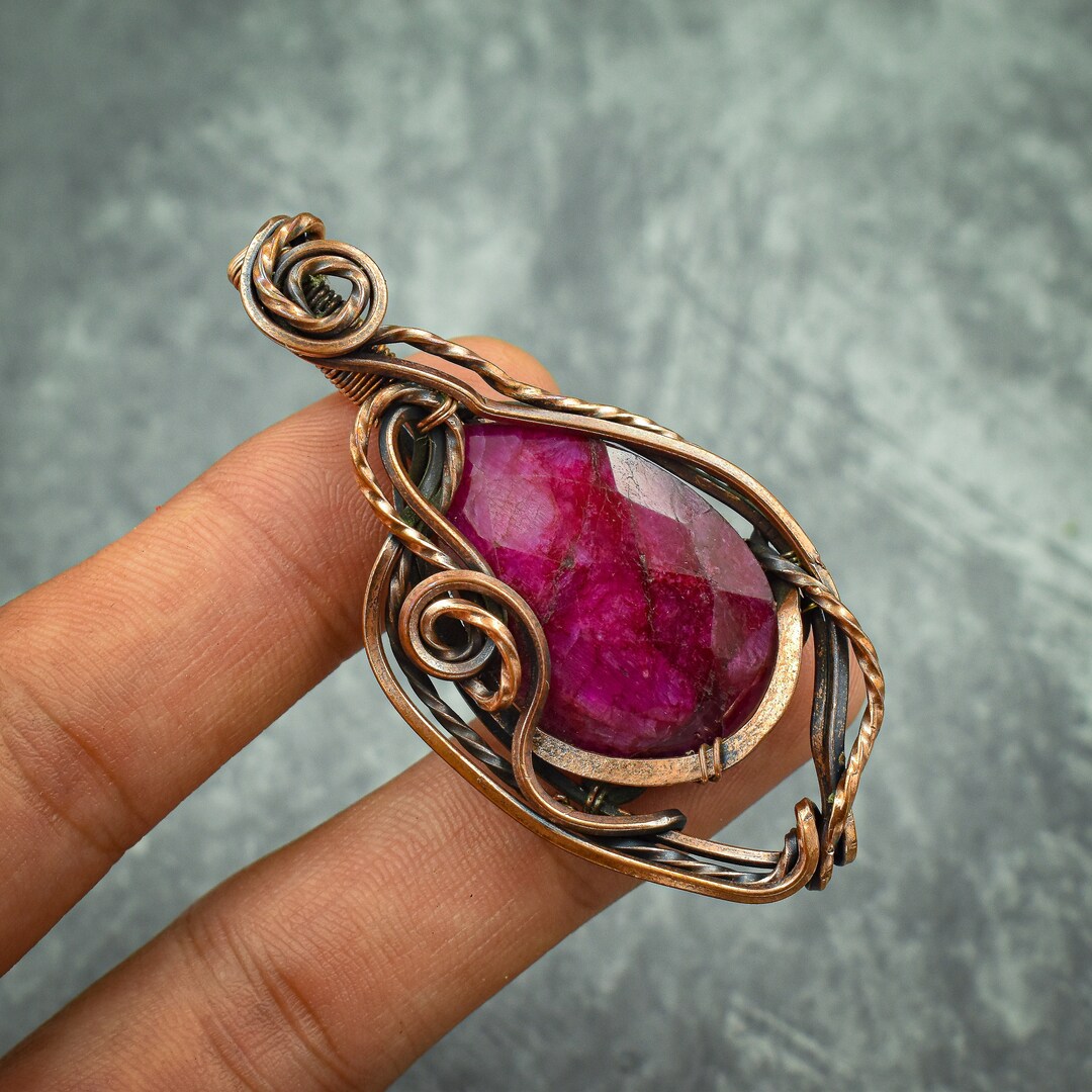 Kashmir Red Ruby Copper Pendant Wire Wrapped Gemstone Pendant Copper ...