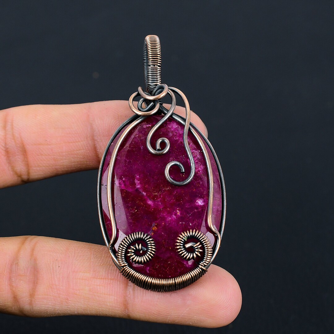 Kashmir Red Ruby Pendant Copper Wire Wrapped Gemstone Pendant Copper ...