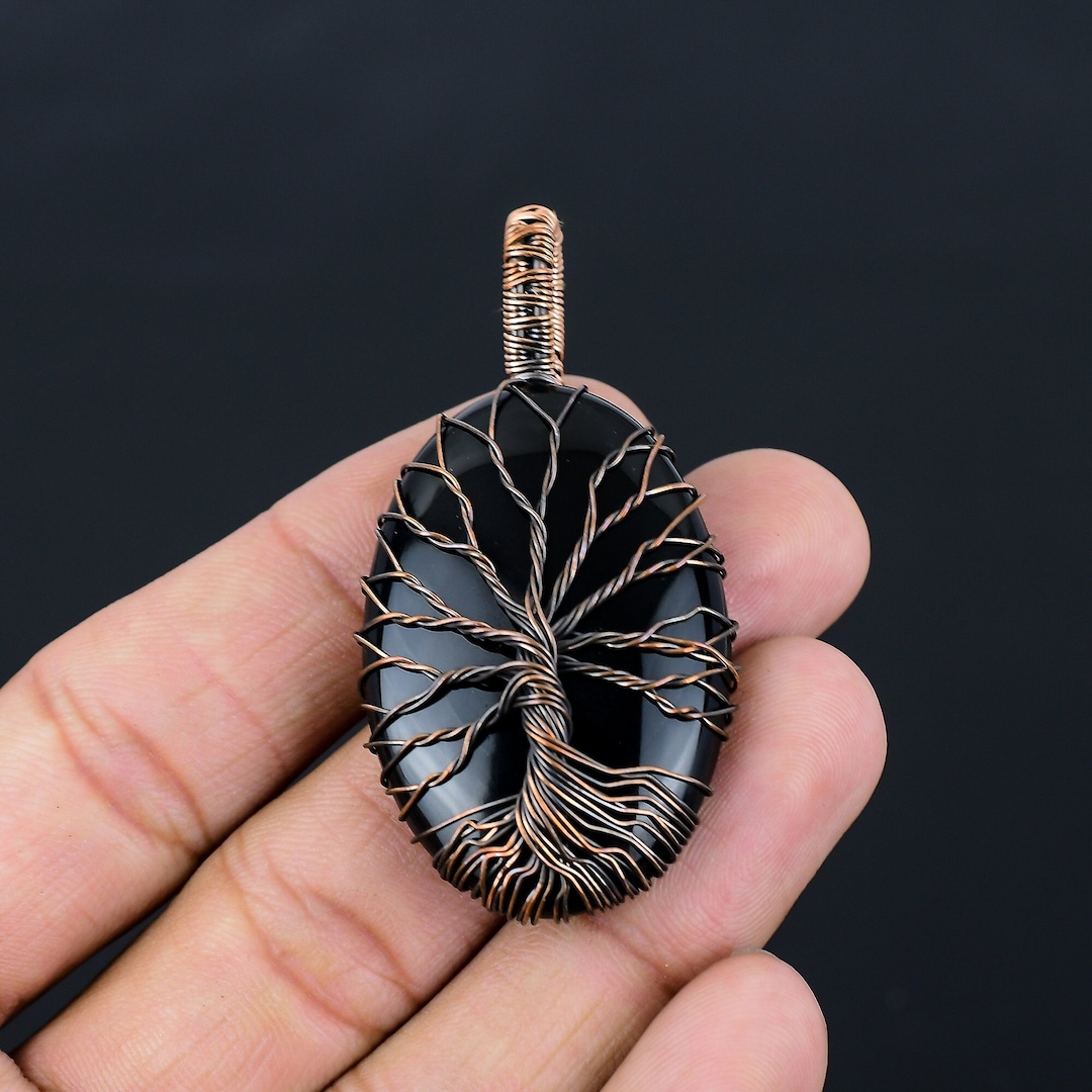 Tree of Life Black Onyx Pendant Copper Wire Wrapped Gemstone Pendant ...