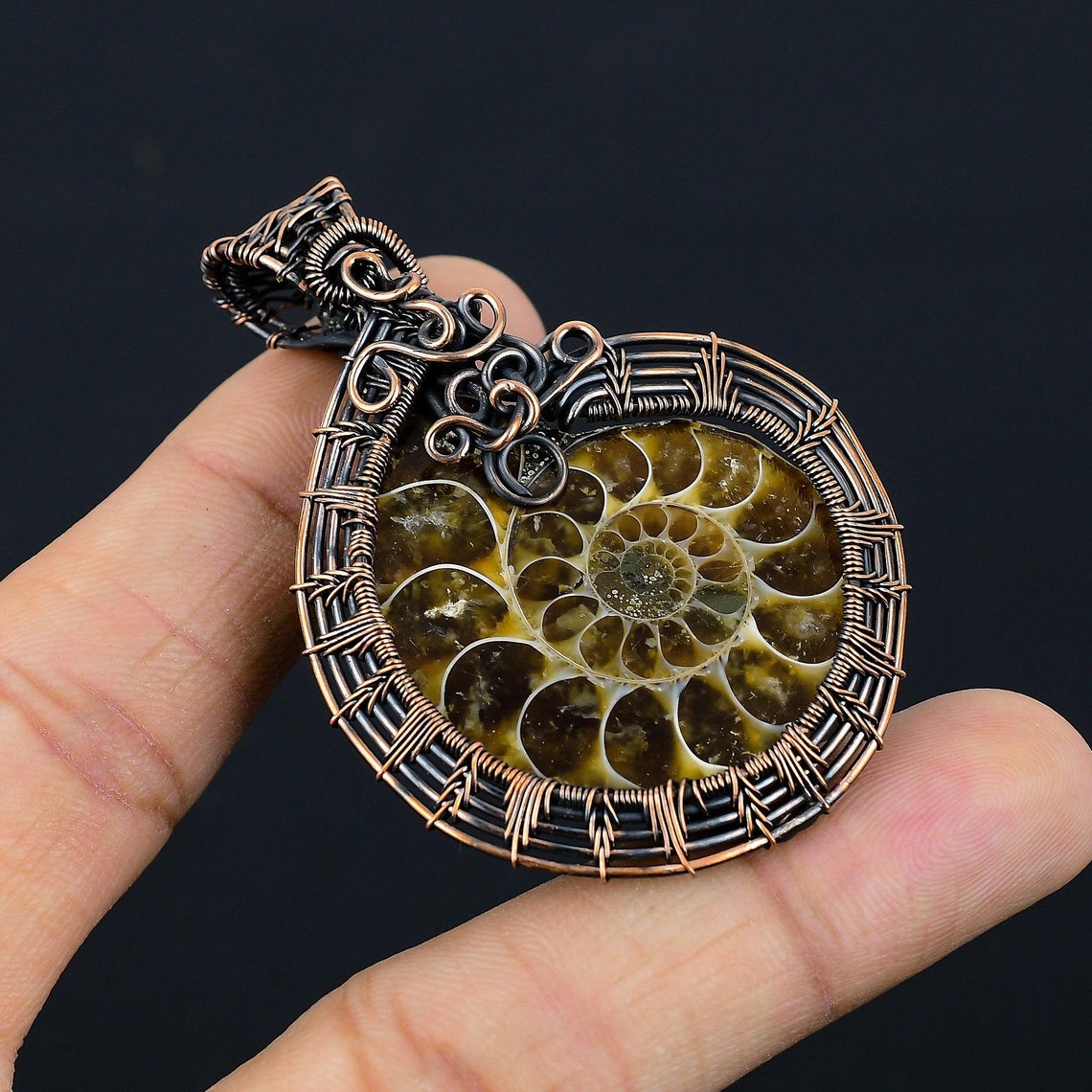 Ammonite Fossil Pendant, Copper Wire Wrapped Pendant, Natural Fossil ...